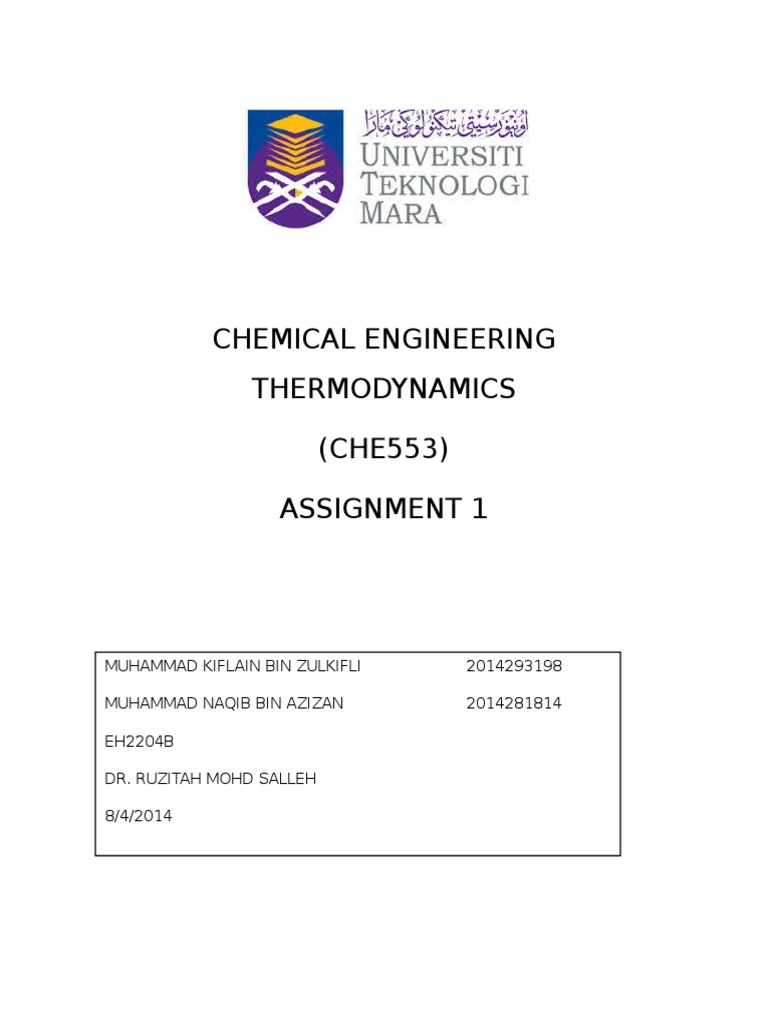 Chemical Engineering Thermodynamics (CHE553) Assignment 1 | PDF