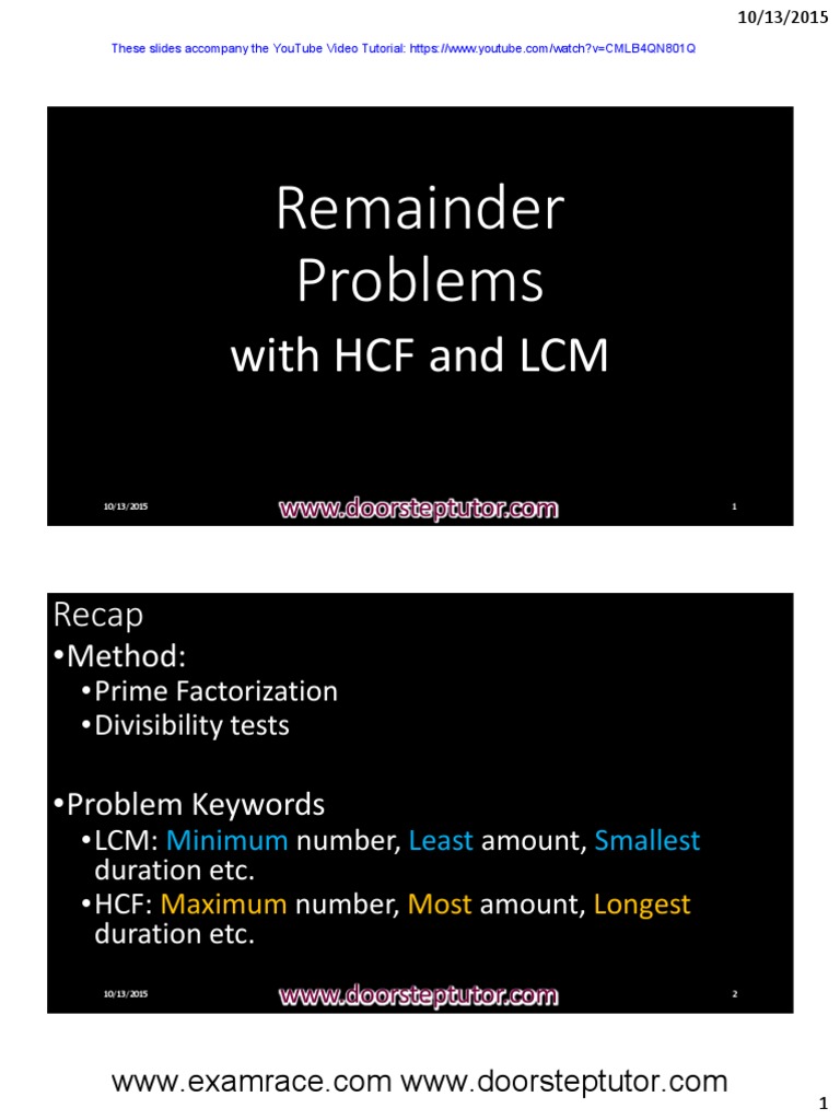 Solving LCM HCF Remainder Problems | PDF | Applied Mathematics ...