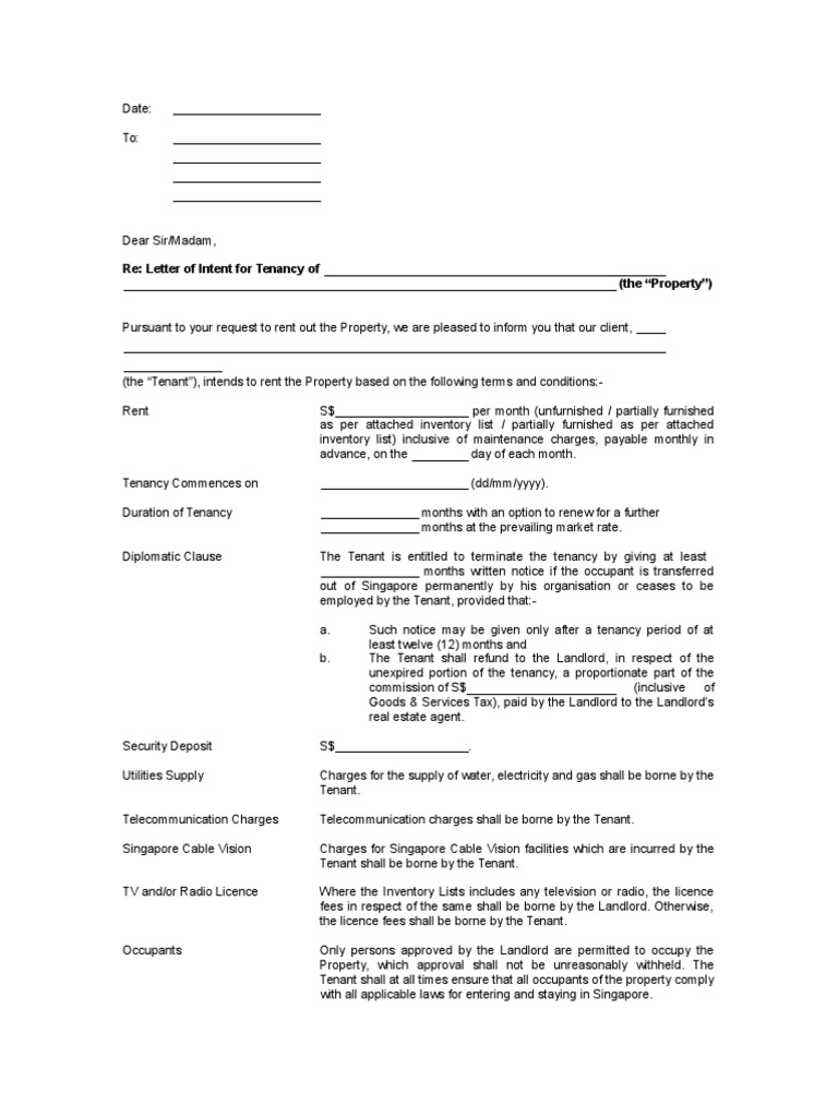 Sample Template Letter of Intent - Tenancy | PDF | Leasehold Estate ...