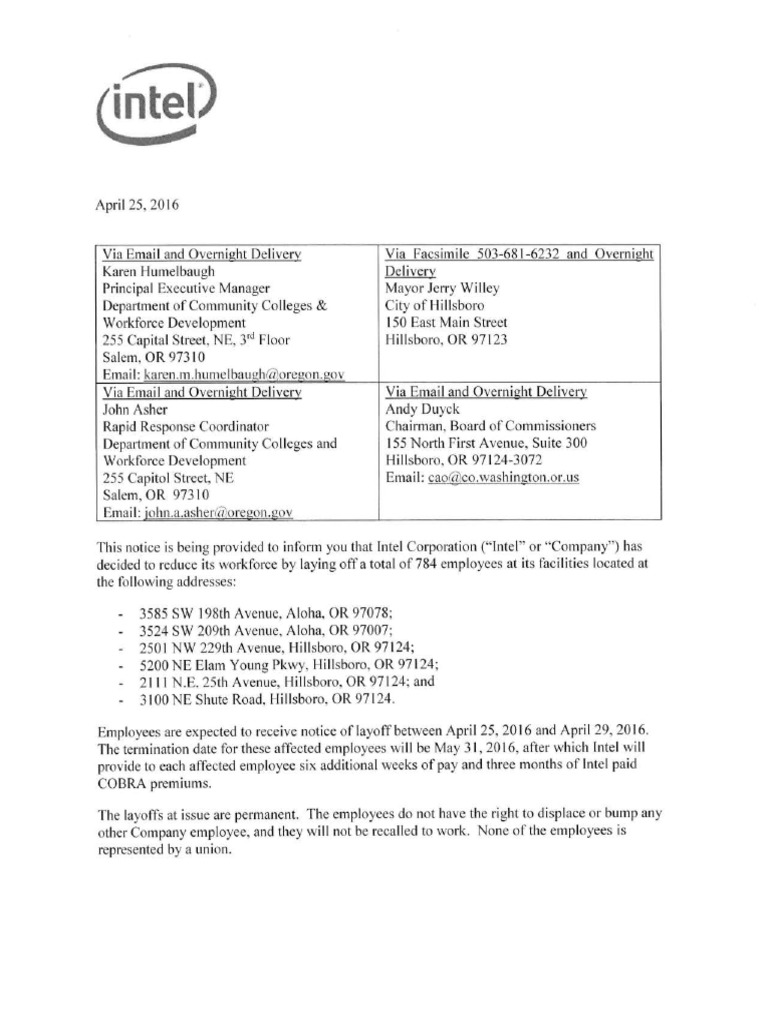 Intel WARN Letter | PDF