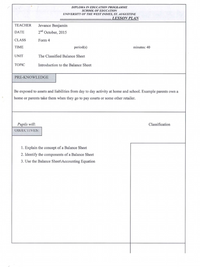 Balance Sheet Lesson Plan | PDF