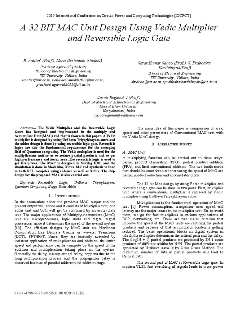 A 32 BIT MAC Unit Design Using Vedic Multiplier | PDF | Areas Of Computer Science | Electrical ...