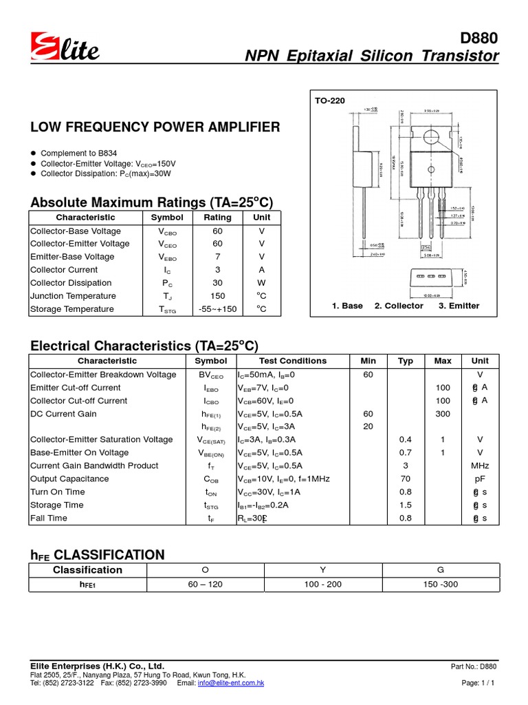 D880 NPN Transistor Datasheet | PDF