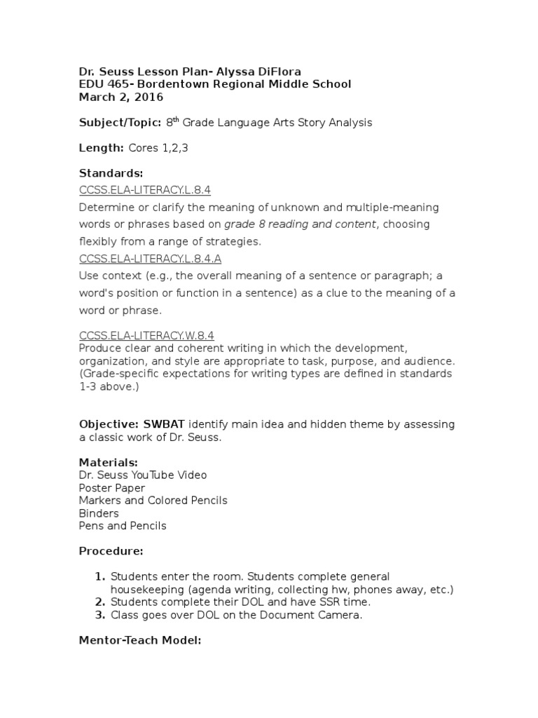 Dr. Seuss Thematic Lesson Plan | PDF | Lesson Plan | Semiotics