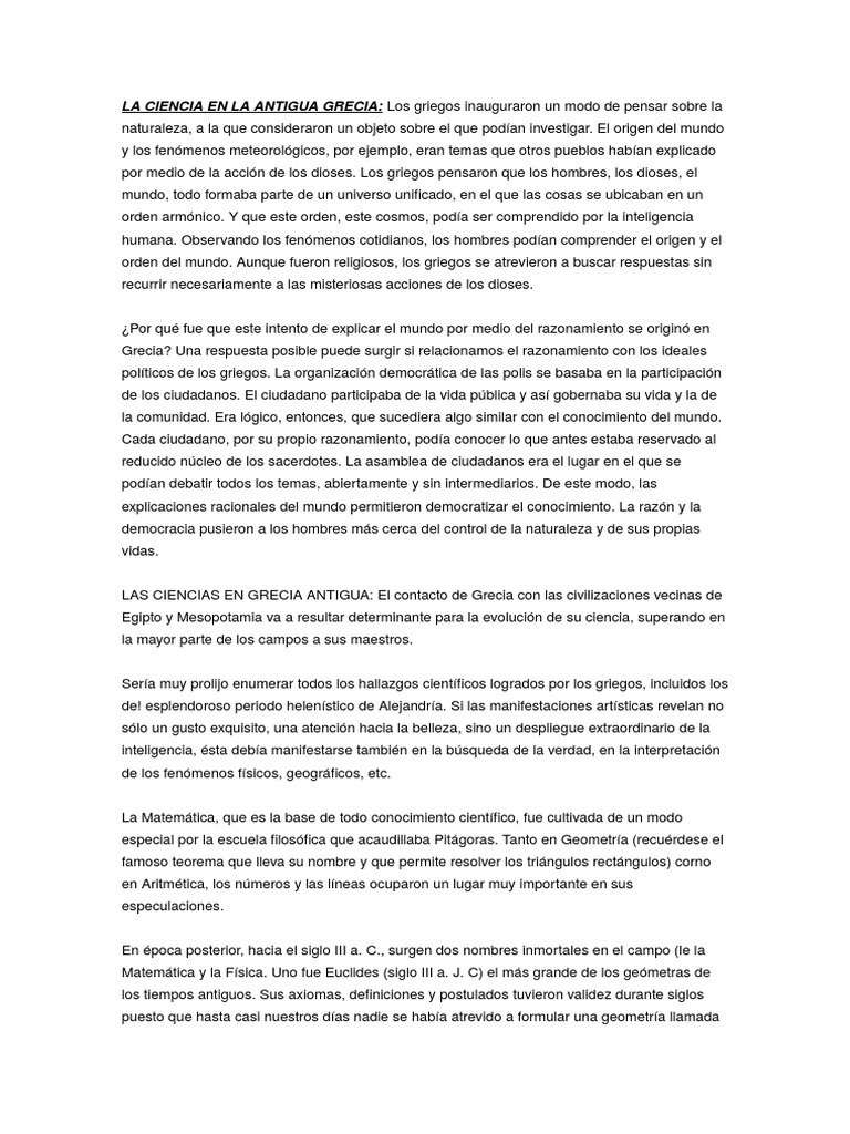 La Ciencia en La Antigua Grecia | PDF | Antigua Grecia | Conocimiento