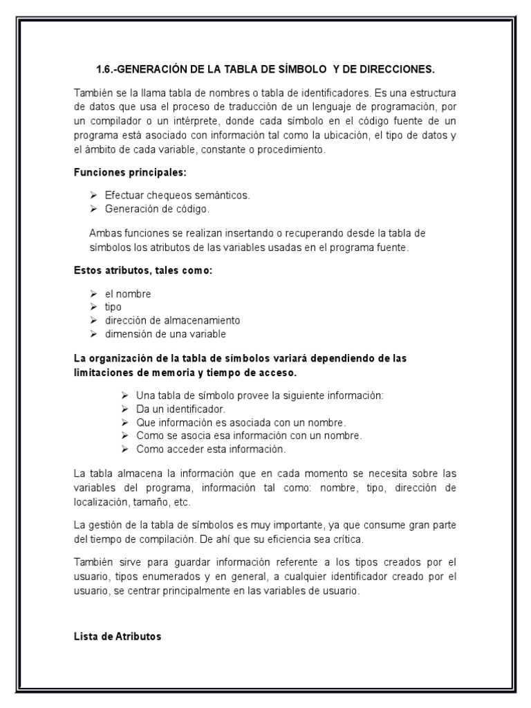 1.6.-Generacion de Tabla de Simbolos y de Direcciones | PDF ...