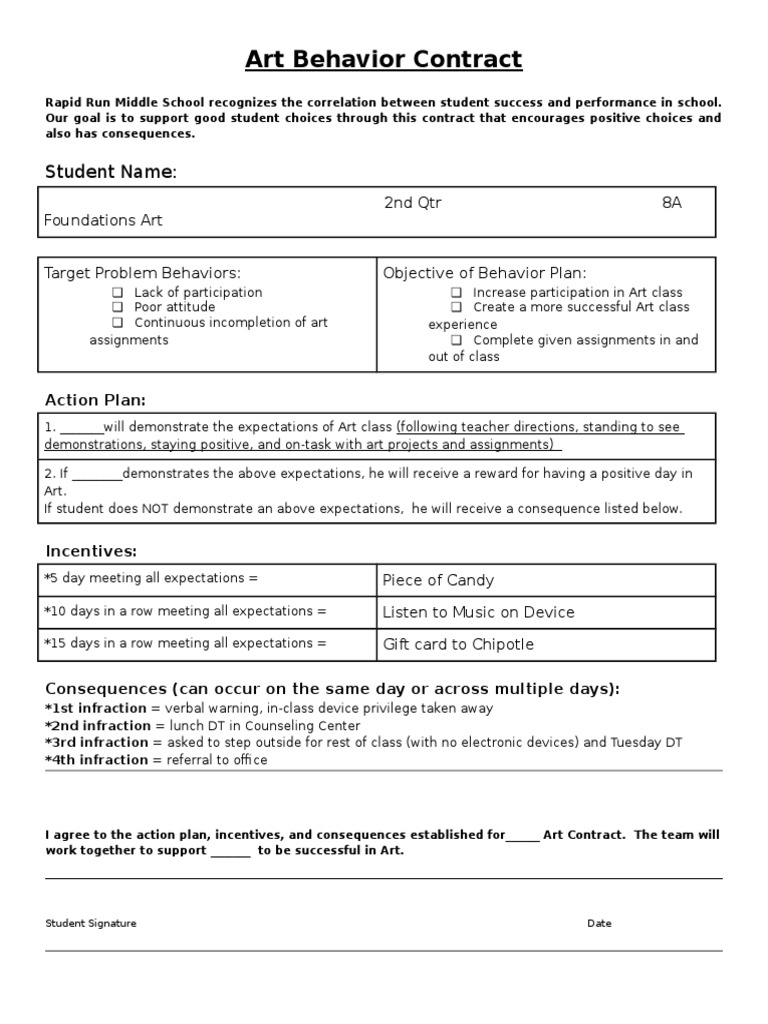 Art Behavior Contract for Student Success | PDF