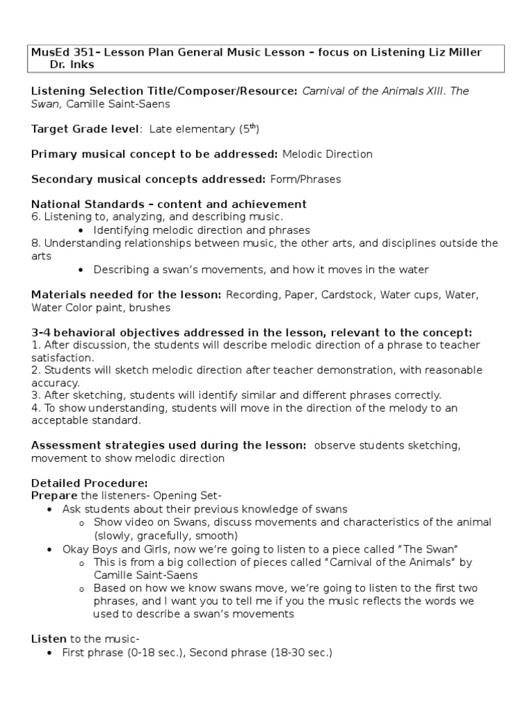 5th Grade Listening Lesson Plan: The Swan | PDF | Lesson Plan | Pedagogy
