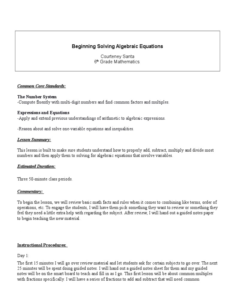 6th Grade Math Lesson Plan | PDF | Fraction (Mathematics) | Homework