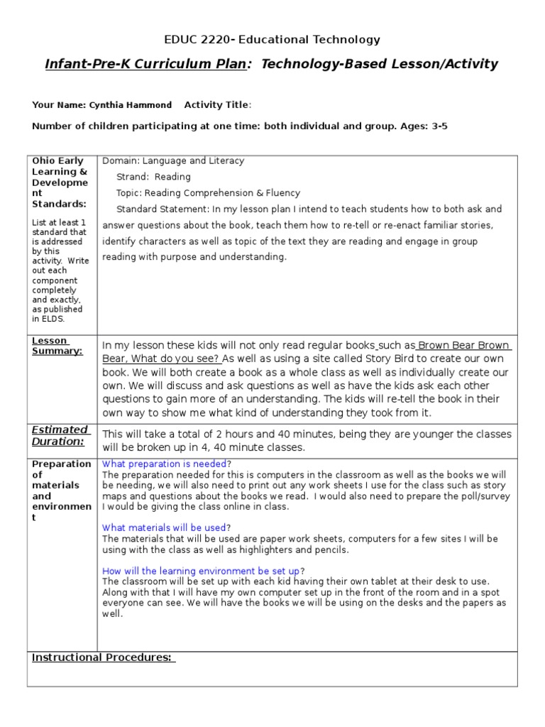 Infant-Pre-K Curriculum Plan: Technology-Based Lesson/Activity | PDF ...