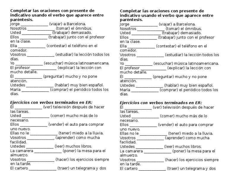 Ejercicios de verbos regulares en español | PDF | Estudios de idiomas ...