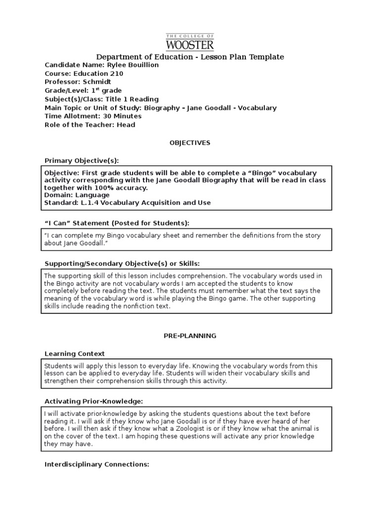 Jane Goodall Lesson Plan | PDF | Vocabulary | Lesson Plan