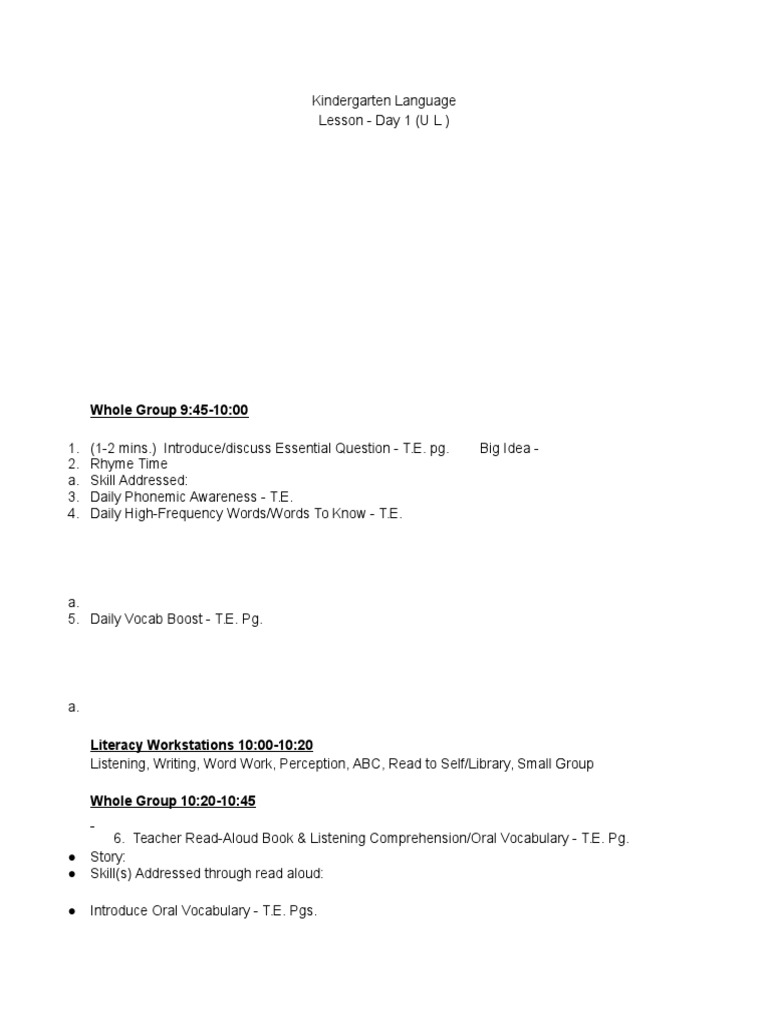 Kindergarten Language Lesson Plan Day 1 | PDF
