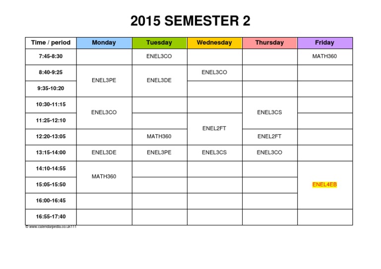 Timetable Monday To Friday in Colour | PDF