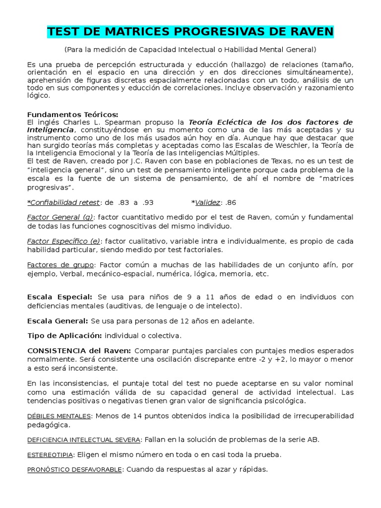 Interpretación Del Test Raven | Inteligencia | Evaluación neuropsicológica