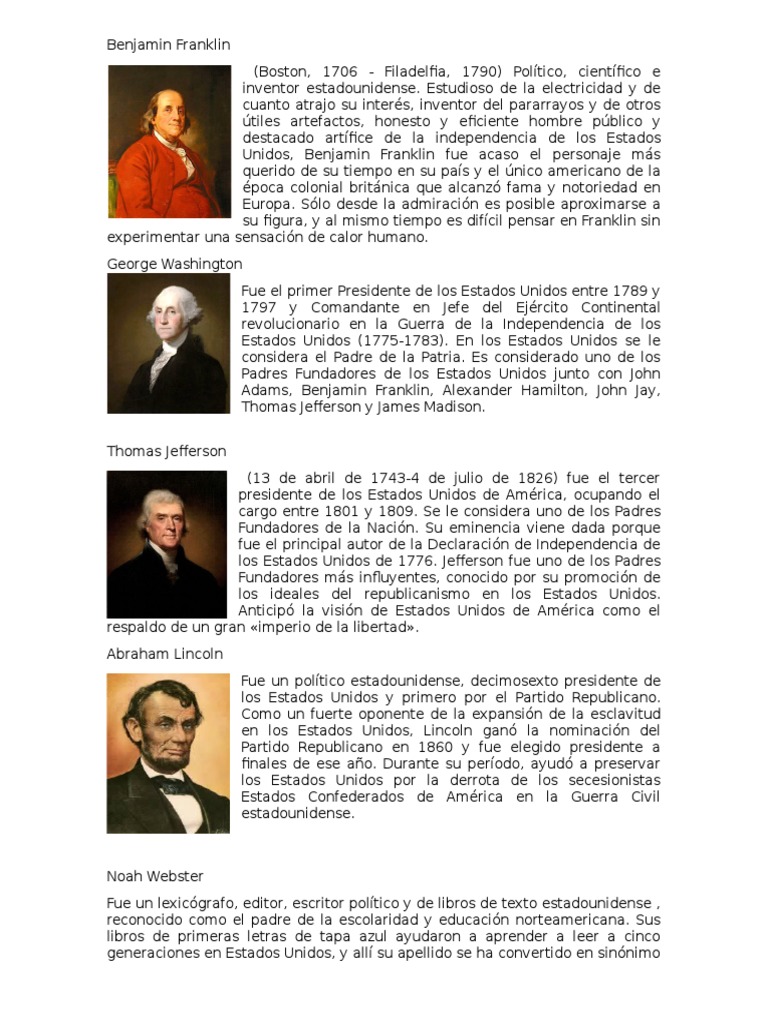 Benjamin Franklin, George Washington, Abrahan Lincoln, Thomas Jefferson ...