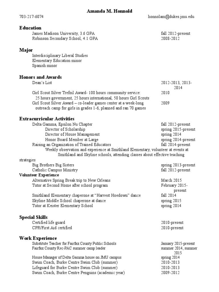 Amanda Honnold's Education & Experience Resume | PDF