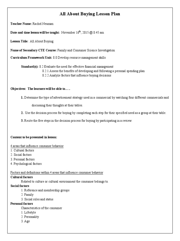 All About Buying Lesson Plan | PDF | Consumer Behaviour | Behavior