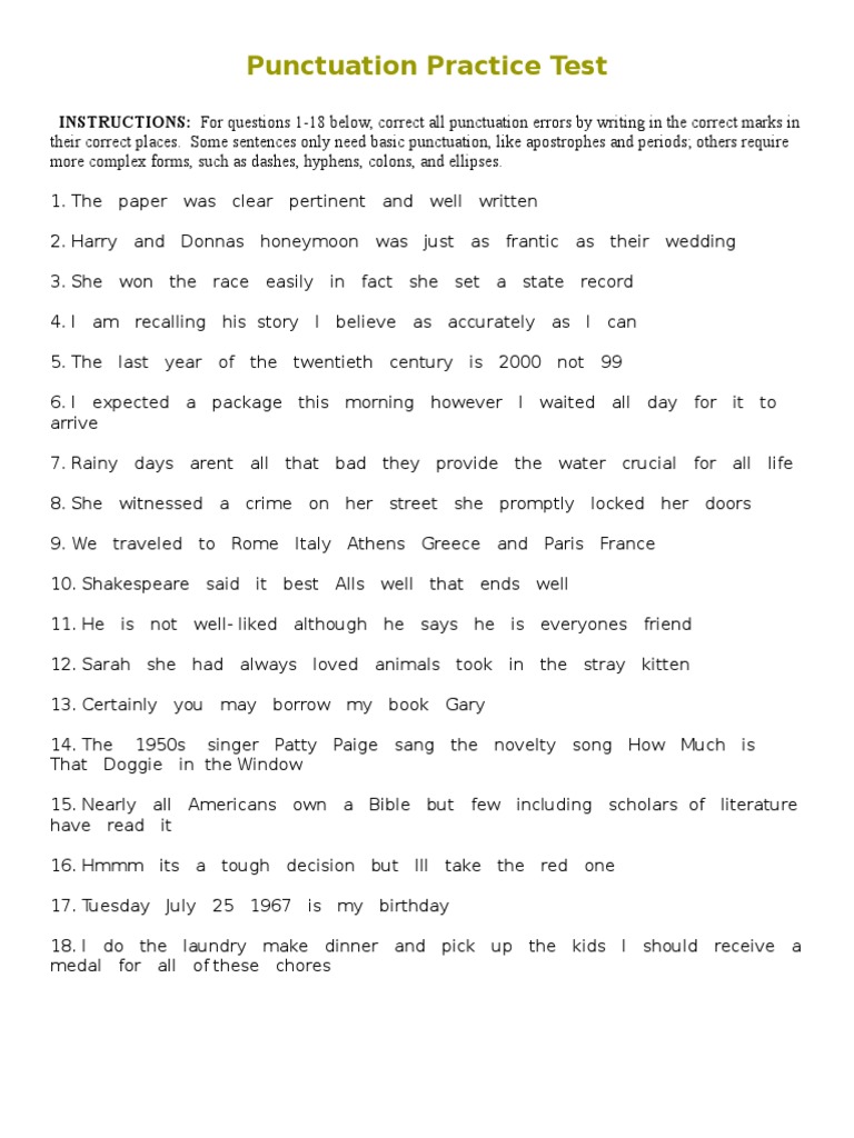 Punctuation Practice Test and Answers | PDF | Comma | Orthography