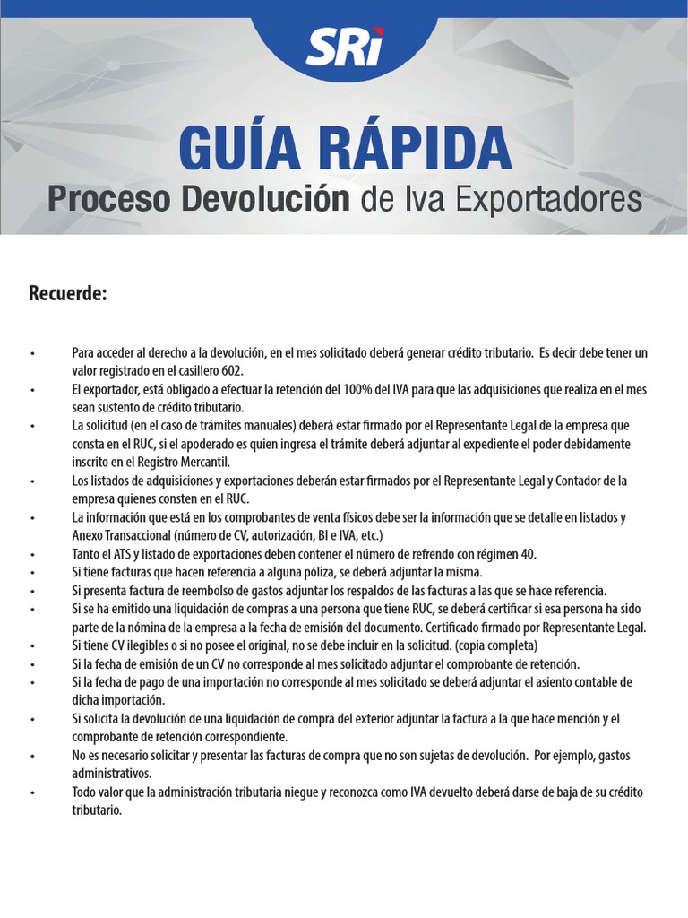 Guía Rápida Proceso Devolución de Iva Exportadores | PDF | Factura | Contabilidad