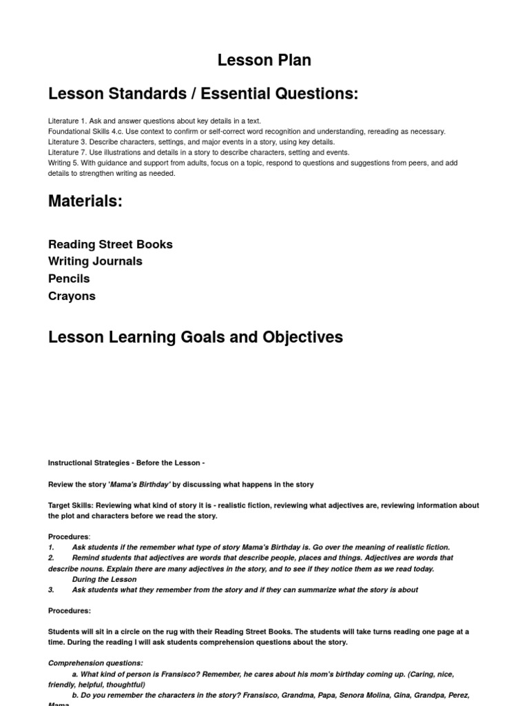 Lesson Plan Lesson Standards / Essential Questions:: Reading Street ...