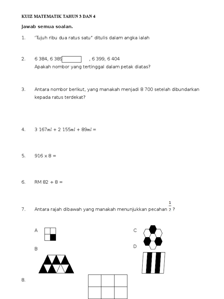 Kuiz Math Tahun 3 &4 | PDF