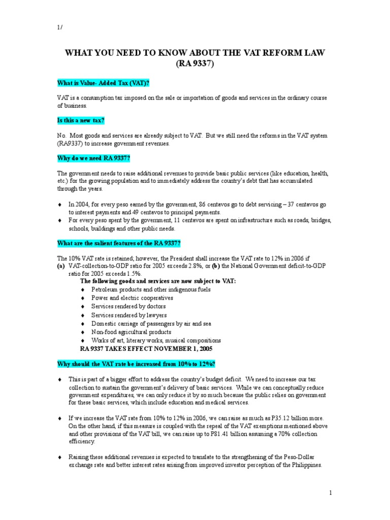 What To Know Re Vat Reform Law (Ra 9337) | PDF | Value Added Tax | Tax ...