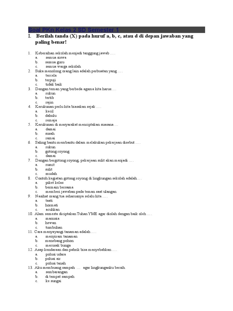 Soal PKN Kelas 2 SD Semester 1 | PDF