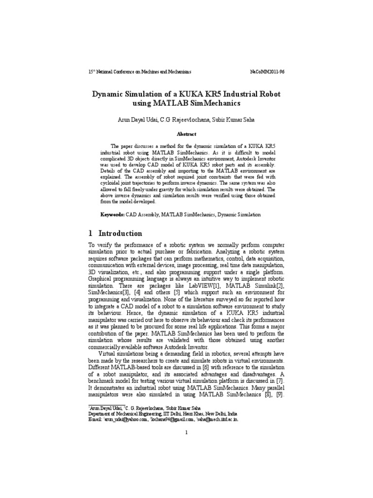 Dynamic Simulation of A KUKA KR5 Industrial Robot Using MATLAB SimMechanics | PDF | Simulation ...