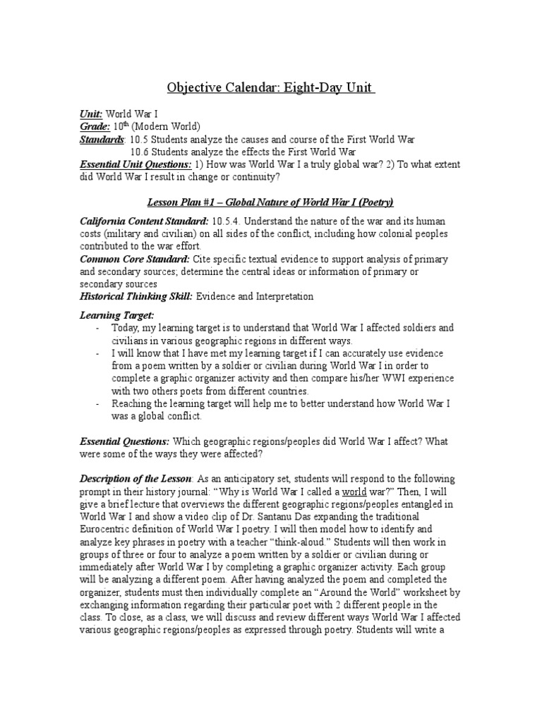 World War I Unit | PDF | Homework | World War I
