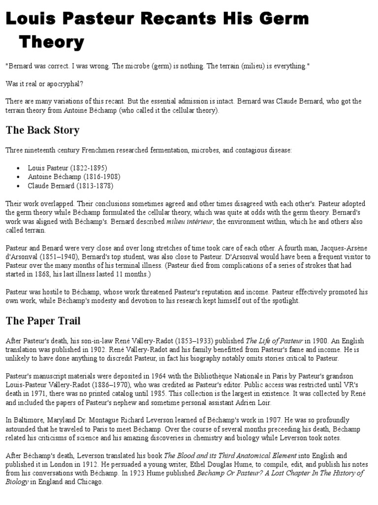 Louis Pasteur Recants His Germ Theory | PDF | Louis Pasteur | Microorganism