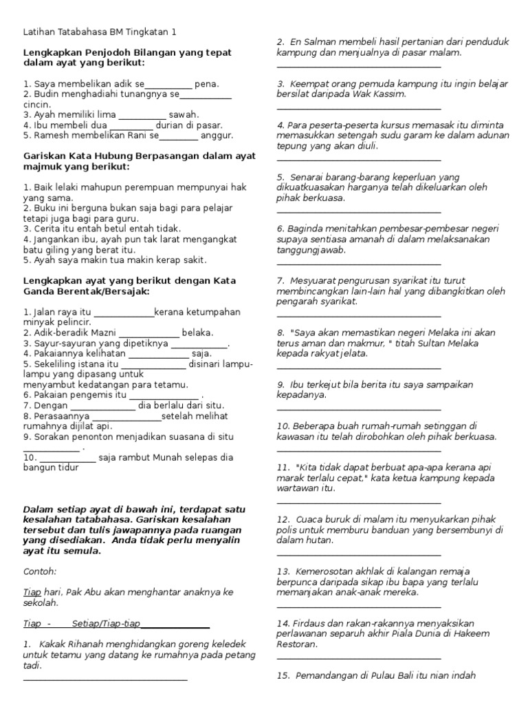 Latihan Tatabahasa BM Tingkatan 1 - 3 | PDF