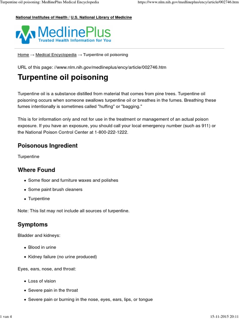 Turpentine Oil Poisoning MedlinePlus Medical Encyclopedia | Breathing ...