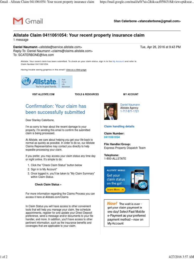 Gmail - Allstate Claim 0411061054 Your Recent Property Insurance Claim ...