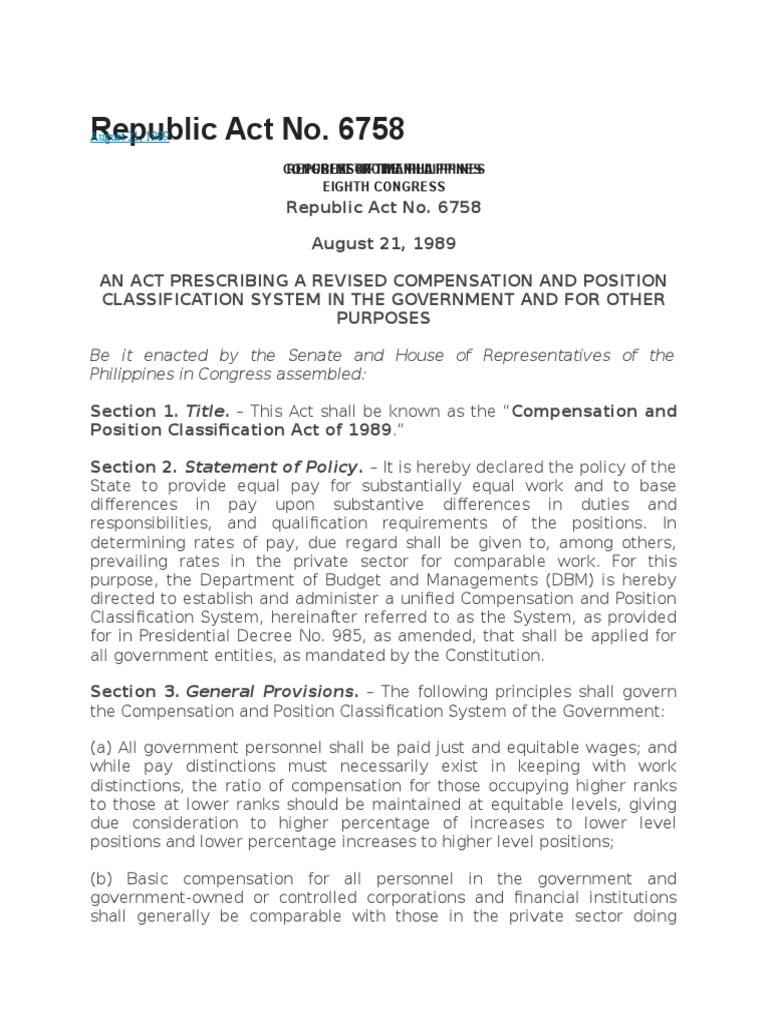 Ra 6758, Philippines | PDF | Salary | United States Congress