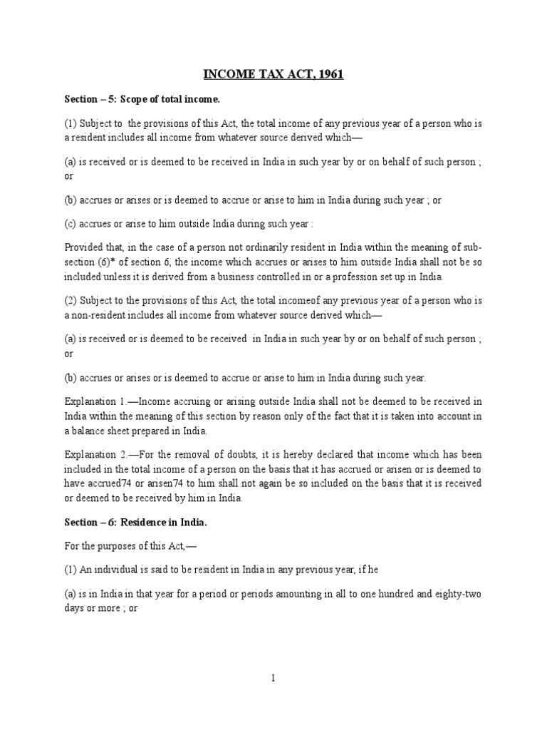 Income Tax Act, 1961: Section - 5: Scope of Total Income | PDF ...