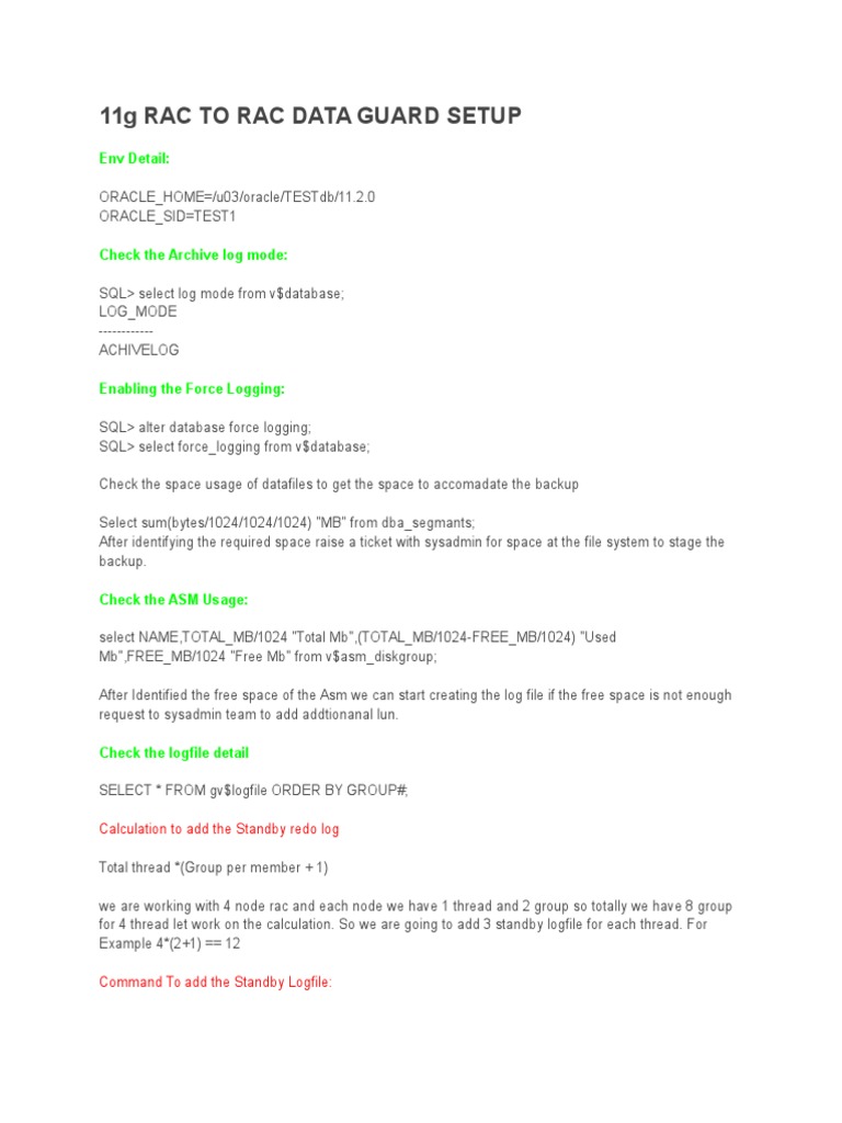 11g RAC to RAC Data Guard Setup Guide | PDF | Oracle Database | Databases