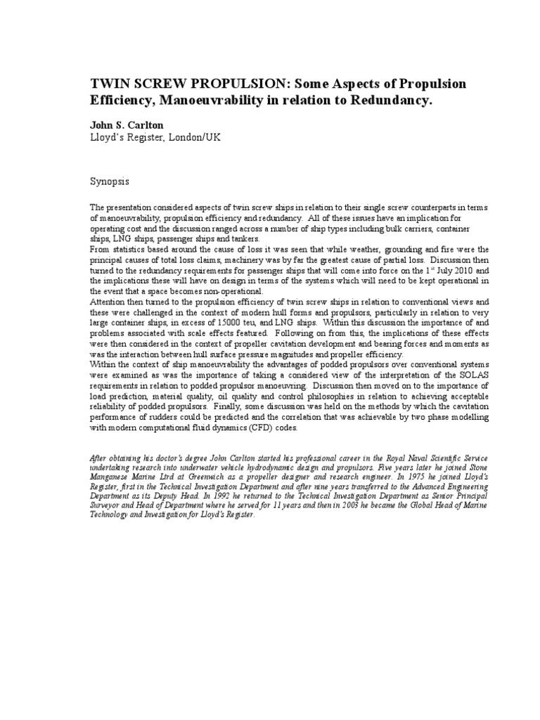 Twin Screw Propulsion Efficiency Insights | PDF | Marine Propulsion | Ships