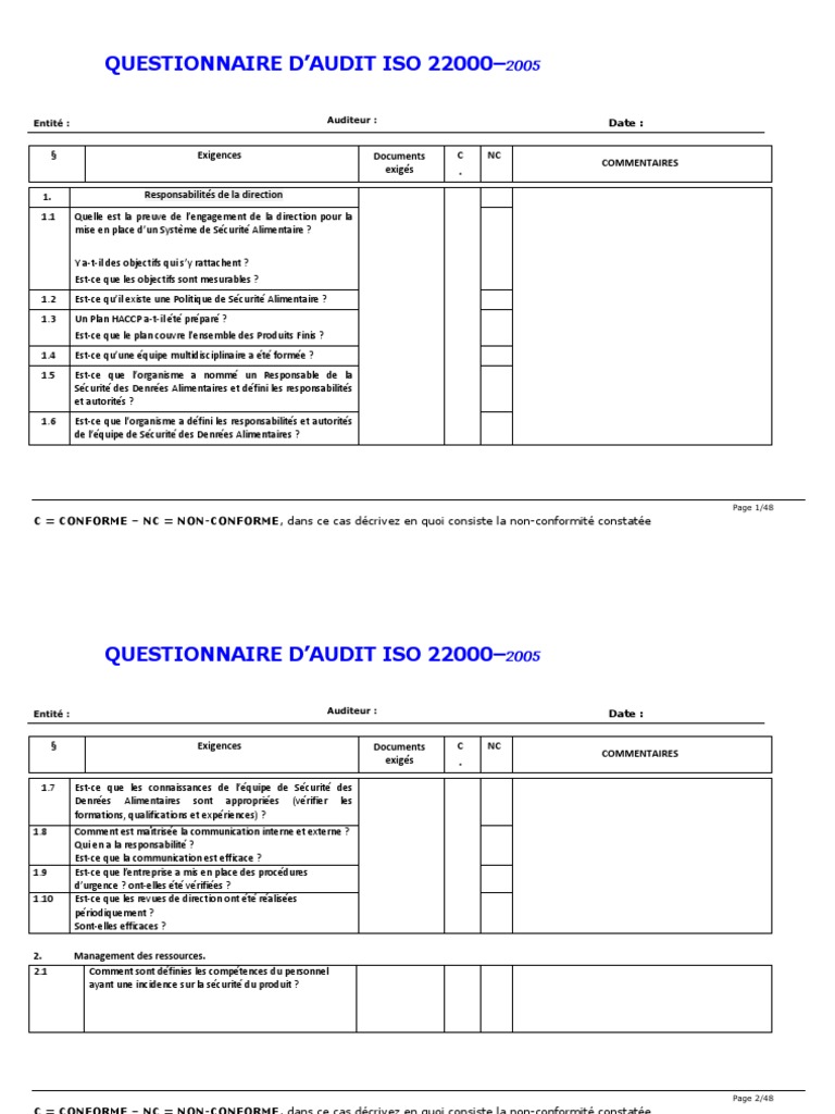 Questionnaire d'Audit ISO 22000-2005 | PDF | Analyse des dangers et ...