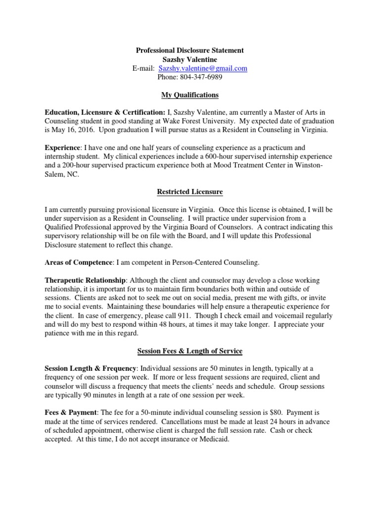 Professional Disclosure Statement S Valentine | PDF | Confidentiality | School Counselor
