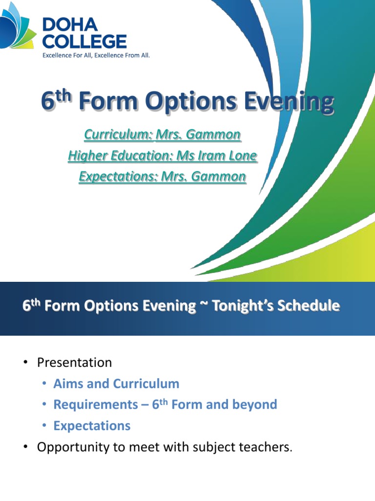 6 Form Options Evening: Curriculum: Mrs. Gammon Higher Education: Ms ...