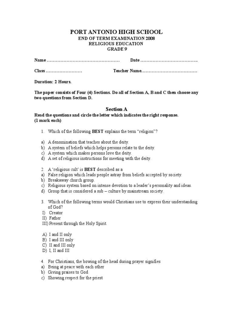 9 Grade Religious Education Examination | PDF | Book Of Judges | Moses
