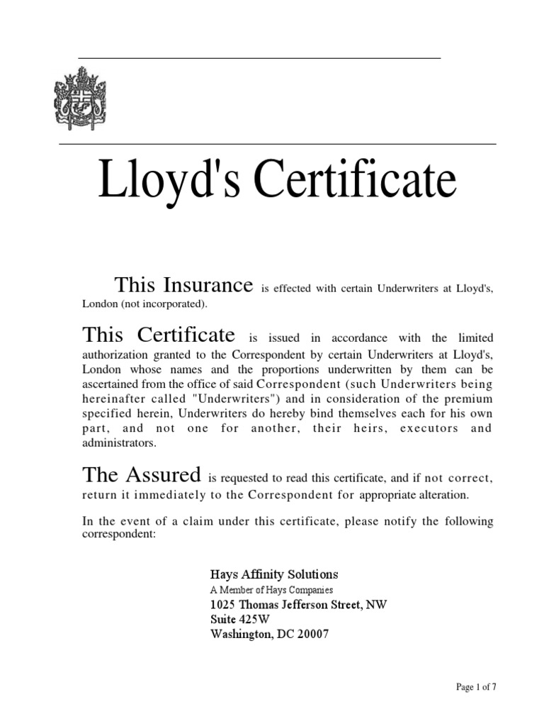 Lloyd's Certificate: This Insurance This Certificate | PDF | Deductible ...