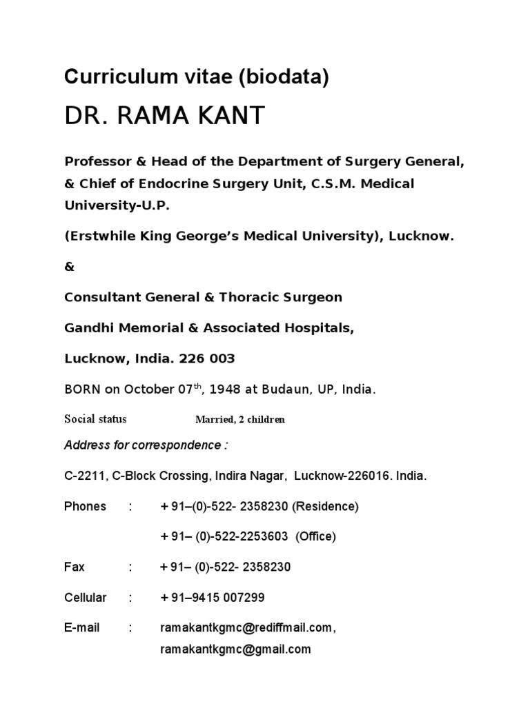 Professor (DR) Rama Kant Biodata Curriculum Vitae | PDF | Esophageal Cancer | Cancer