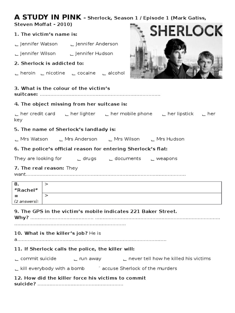 Sherlock BBC - A Study in Pink Worksheet | PDF | Mystery, Thriller ...