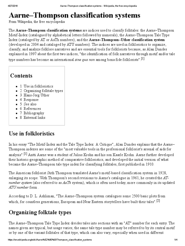 Aarne-Thompson Classification Systems - Wikipedia, The Free ...
