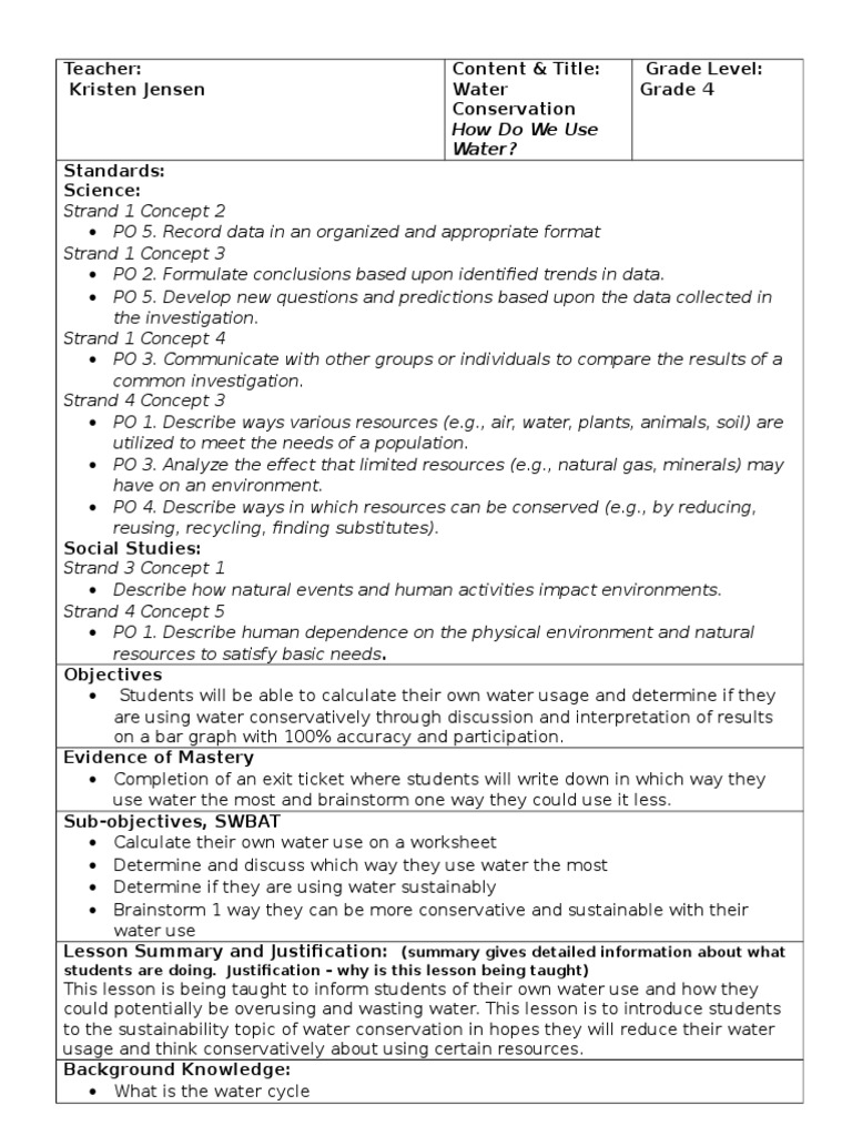 Grade 4 Water Conservation Lesson Plan | PDF | Resource | Sustainability