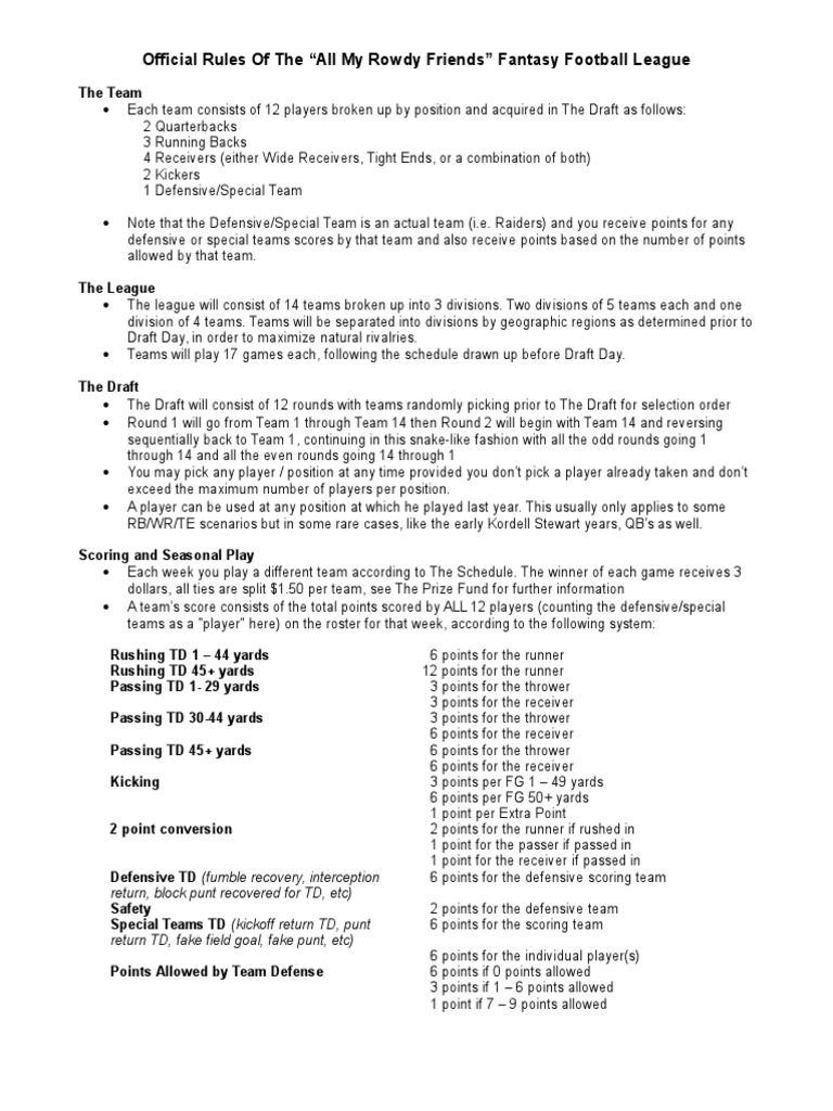 Fantasy Football League Rules | PDF | Touchdown | Fantasy Football ...