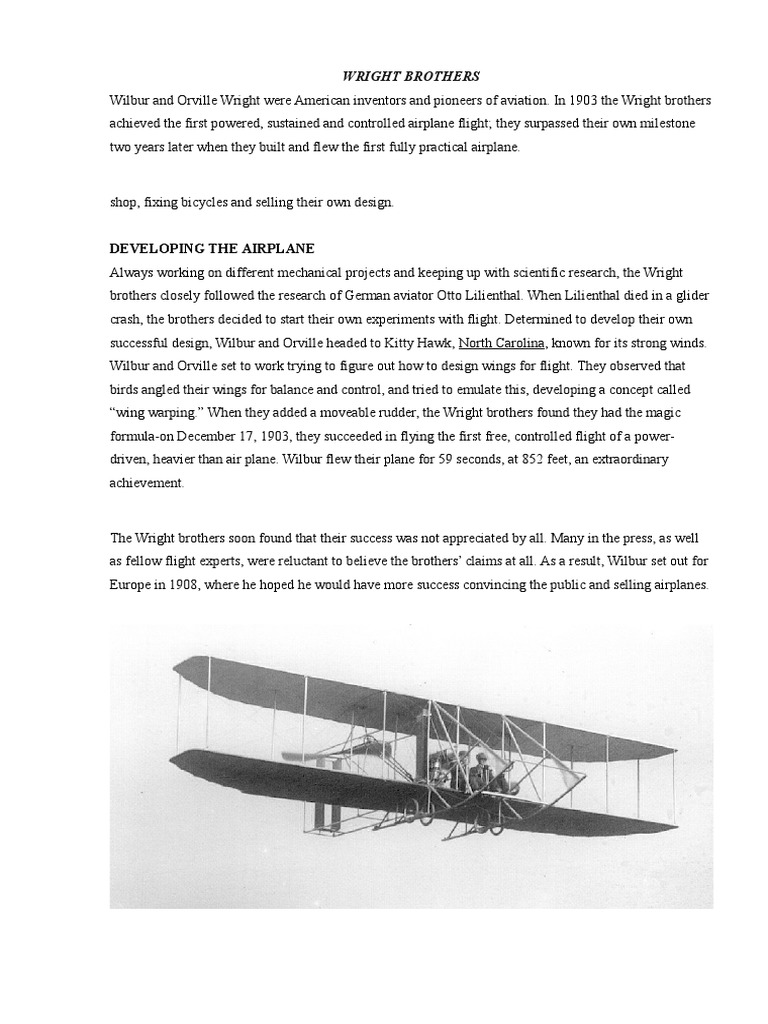 Developing The Airplane: Wright Brothers | PDF