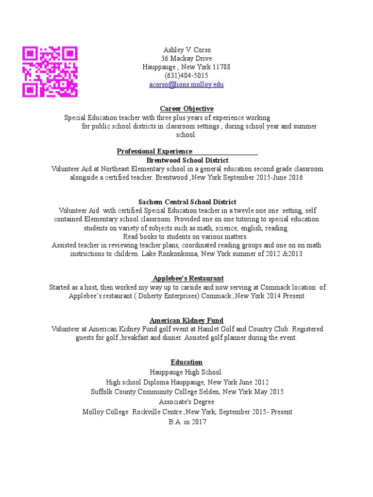 QR Code Resume for Ashley Corso | PDF